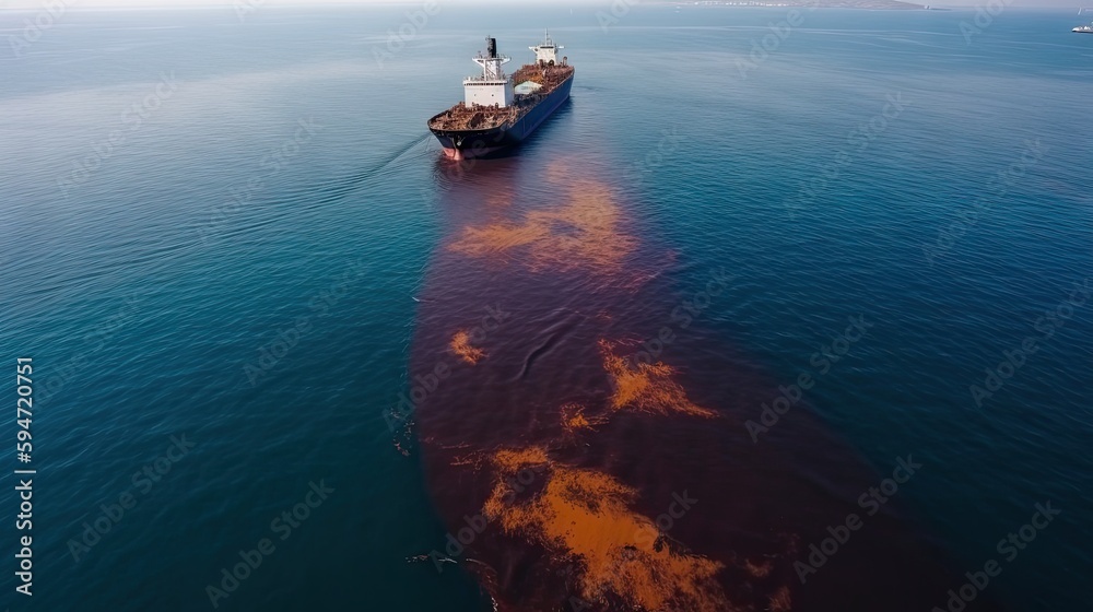 Oil spill or leakage out in the sea from ship, water ocean pollution ...