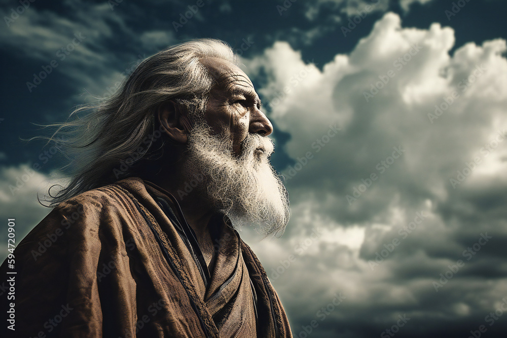 Old man with a beard, with a stormy sky in the background. Visionary ...