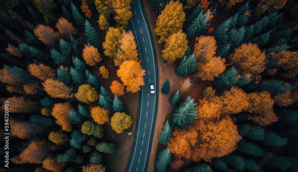 Aerial top view of asphalt road through autumn season forest, falling ...