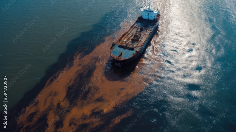 Oil spill or leakage out in the sea from ship, water ocean pollution ...