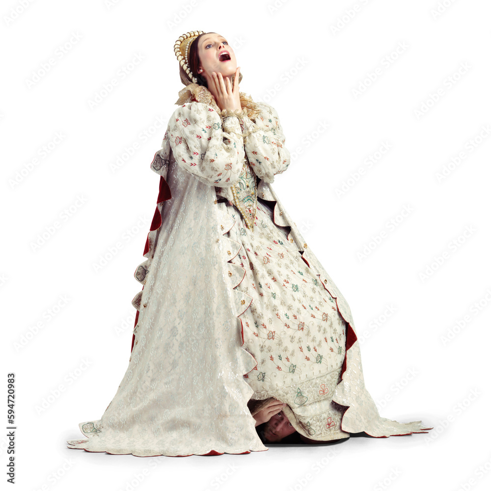 Queen, royal woman and shock for theatre production, acting and scared ...