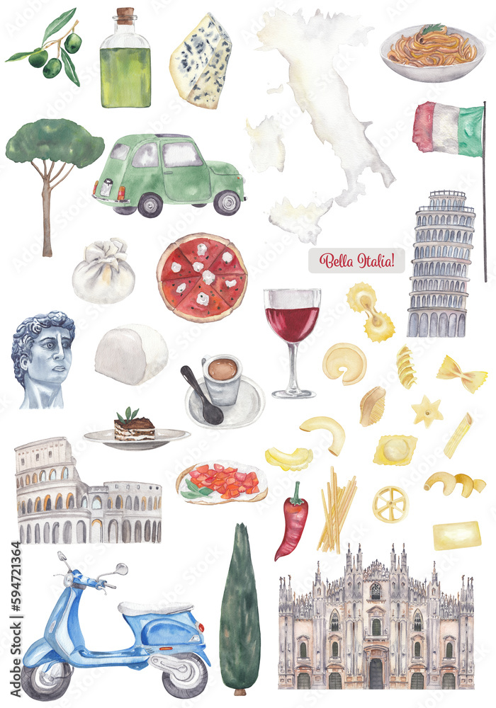 Bella italia set Watercolor illustrations of italy Transport, landmarks ...