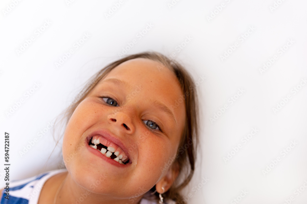 Toothless Smiling Funny Grimacing Blonde Girl With Temporary Milk