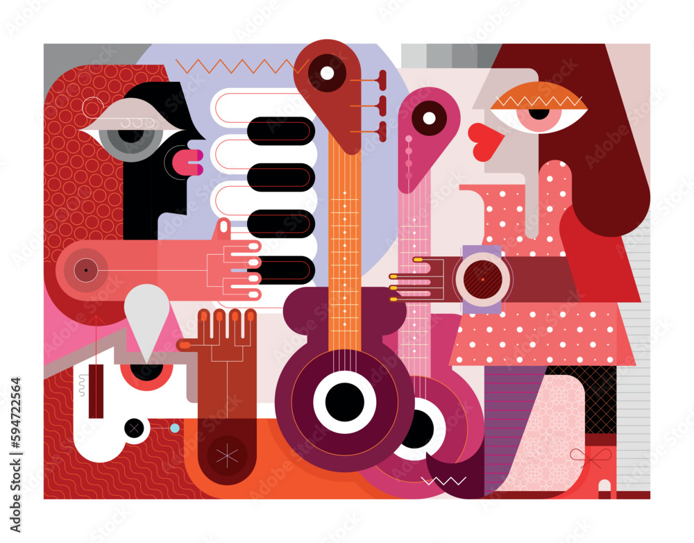 Musical trio performance vector illustration. Female guitar player ...