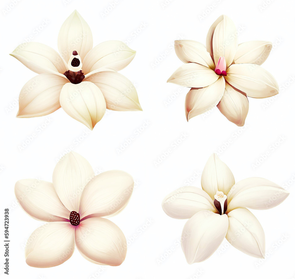 Vanilla flowers on white background. Vanilla is a spice derived from ...