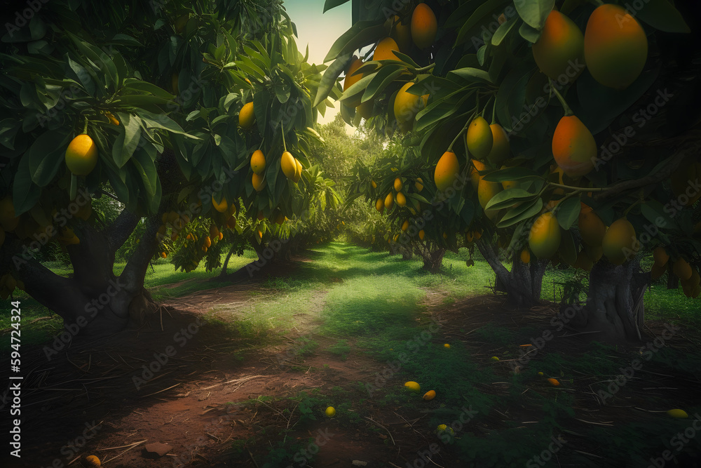 Garden of mango trees, plants with fruits planted in a row plantation ...