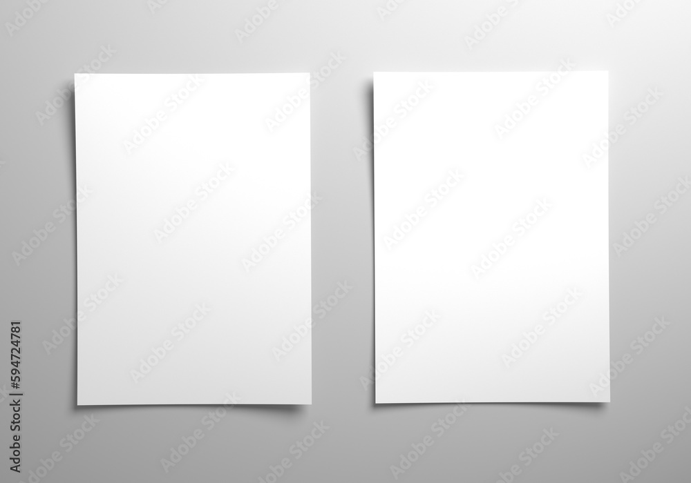 Two blank sheets of paper on white background. Poster or flyer mockup ...