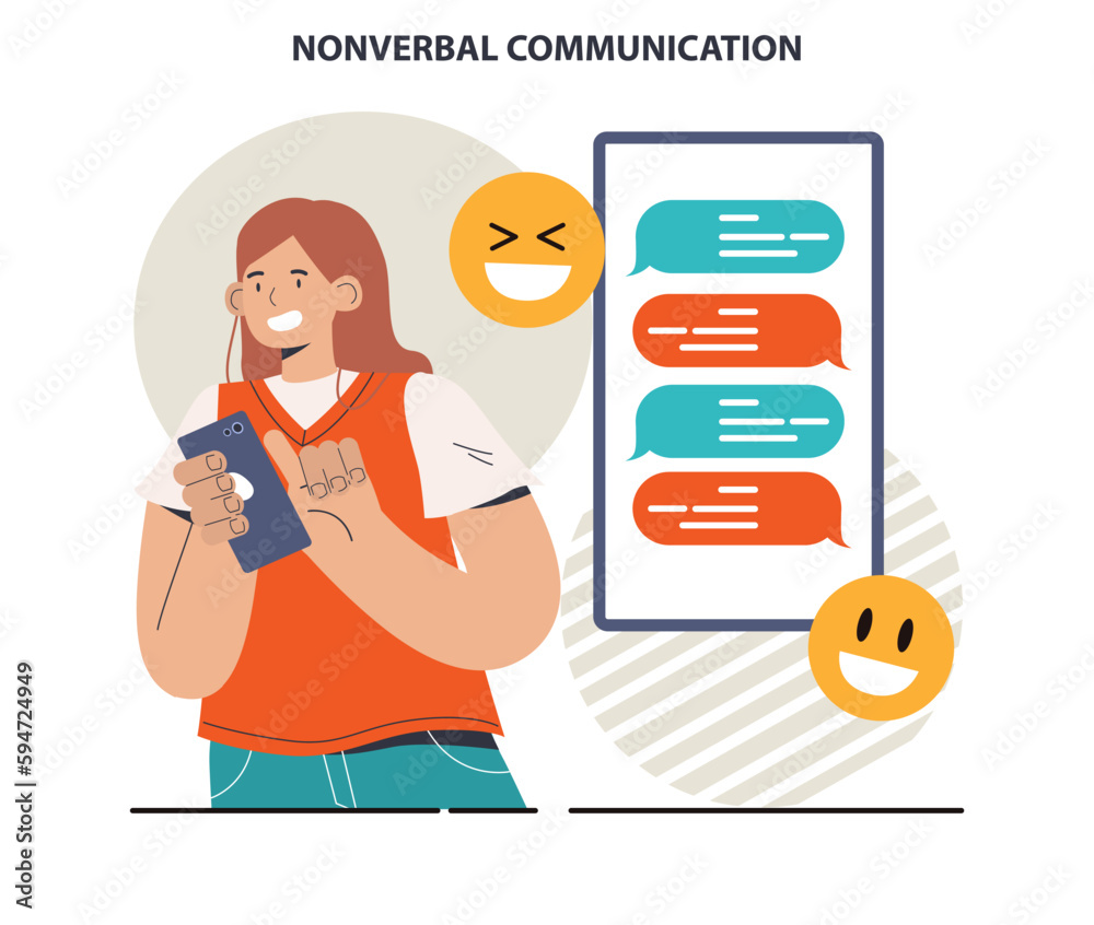 Non-verbal communication. Character sending texts with emojis Stock ...
