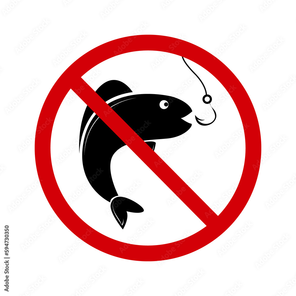 No fishing sign. Forbidding sign, do not fish. Red crossed circle with ...