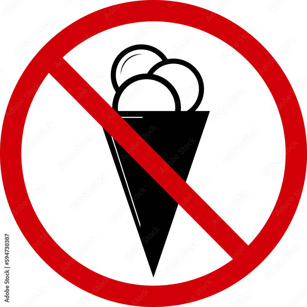 No ice cream sign. Forbidding sign, do not eat ice cream. Red crossed ...