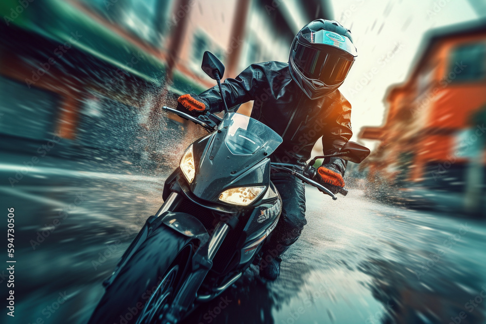 A biker wearing a helmet races through a puddle, water splashing and ...