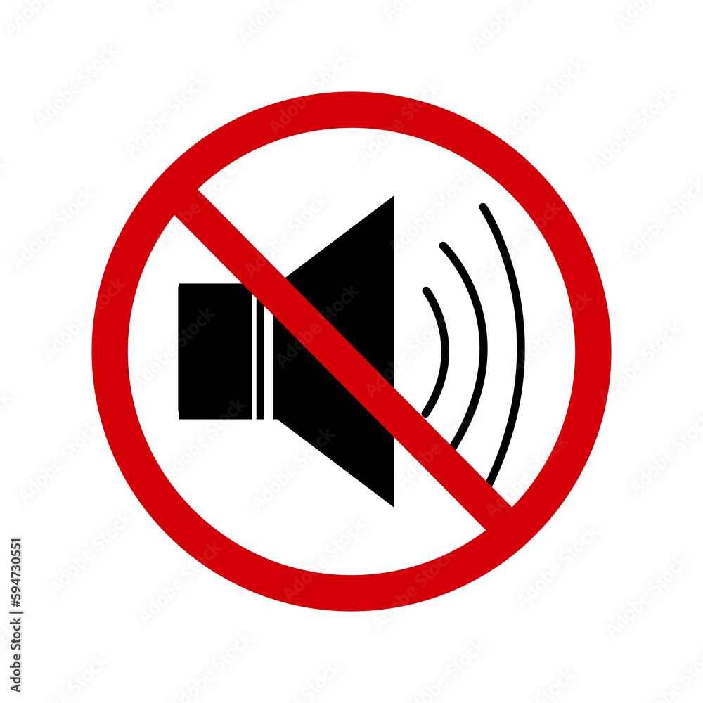 No loud sound sign. Prohibition sign, do not make noise. Red slashed ...