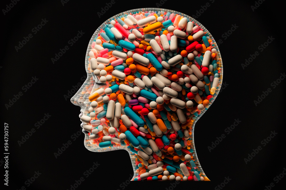 Human head inside which capsules and tablets. Generative AI Stock ...
