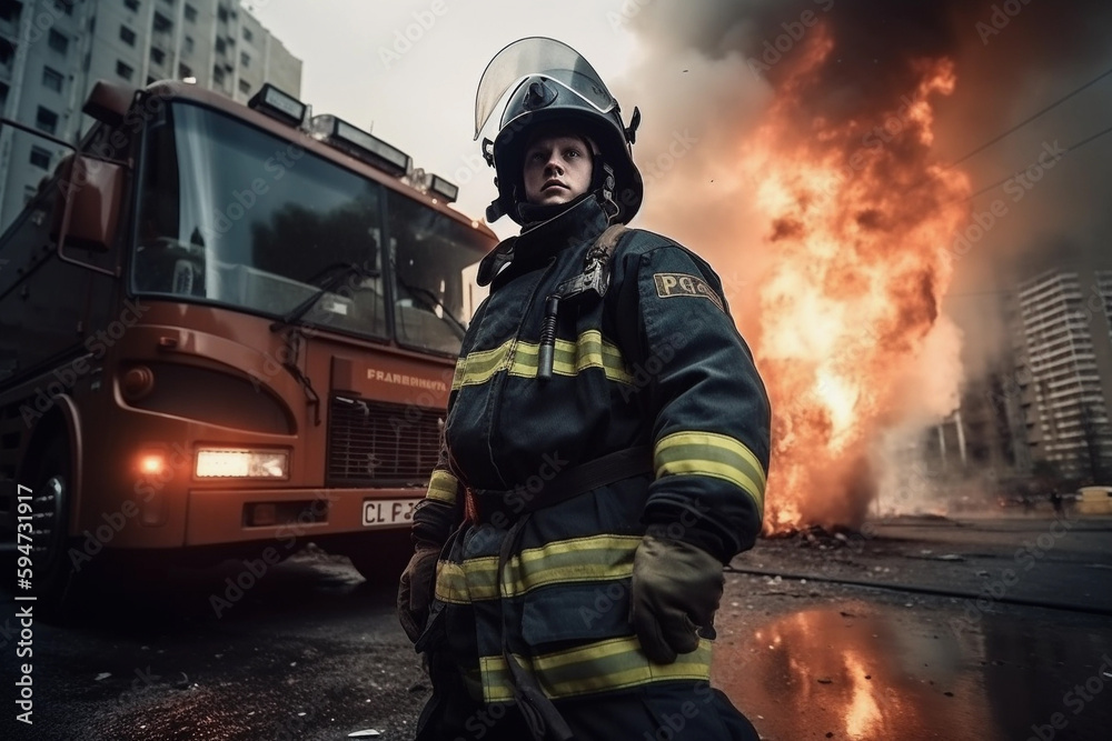 Brave firefighter with axe standing in front of frightening explosion ...