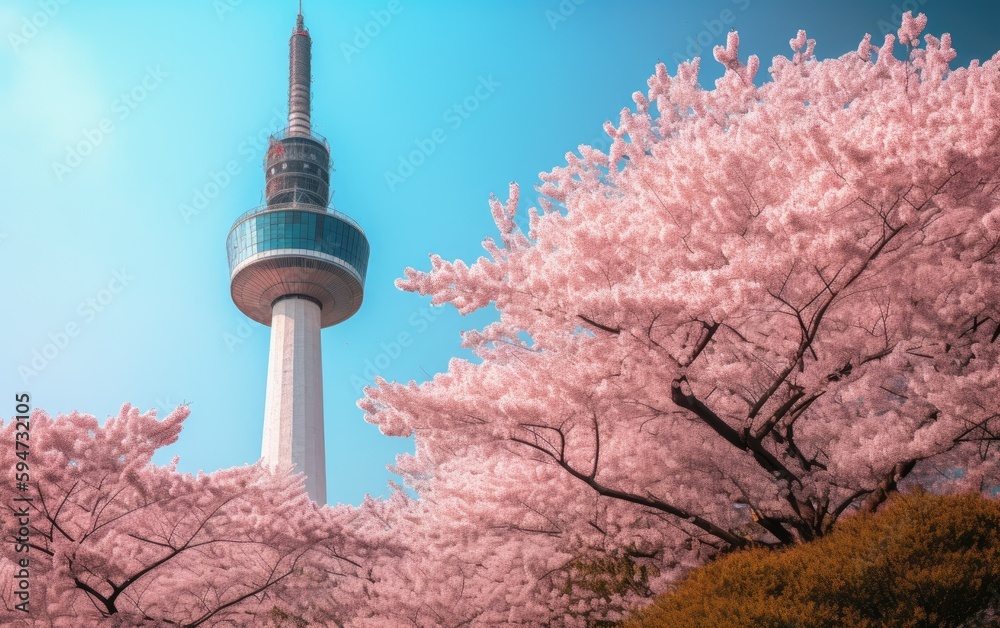 Seoul tower and pink cherry blossom, sakura season in spring,seoul in ...