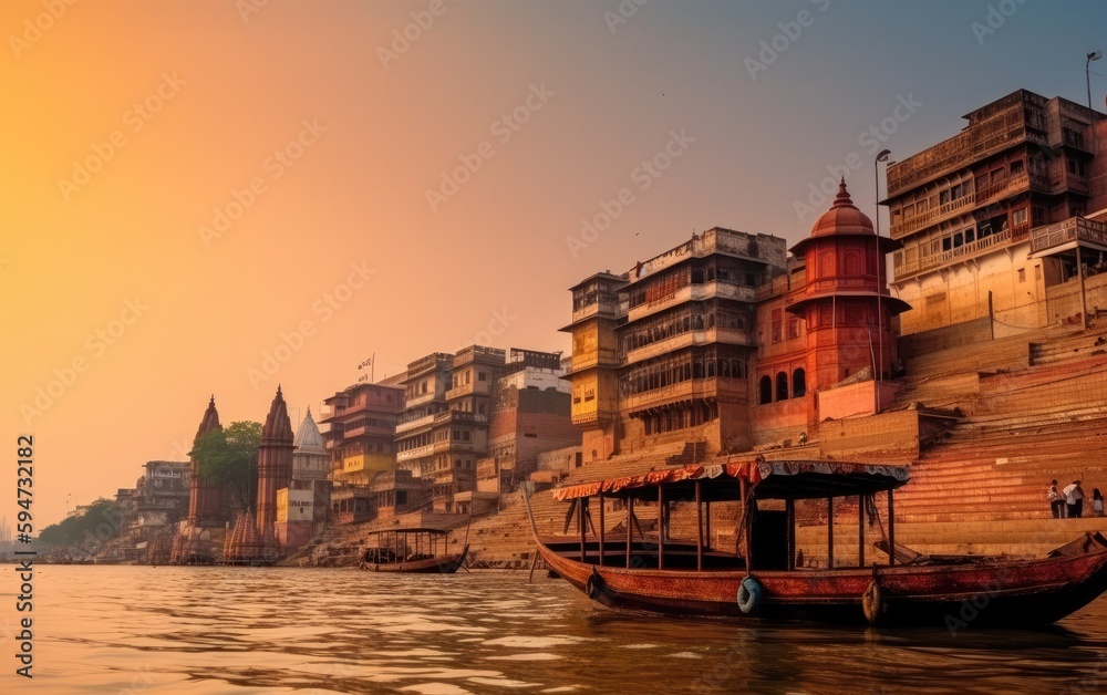 Varanasi city with ancient architecture. View of the holy Manikarnika ...