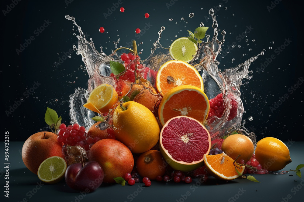 A group of different fruit with a splash of orange juice, AI digital ...