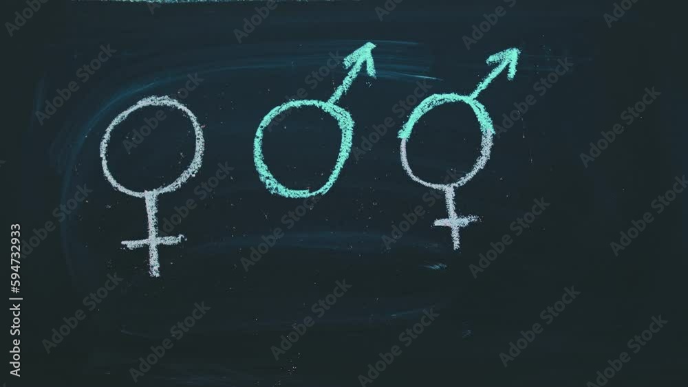 Human Hand Draws With Chalk On Blackboard Three Gender Signs And Word