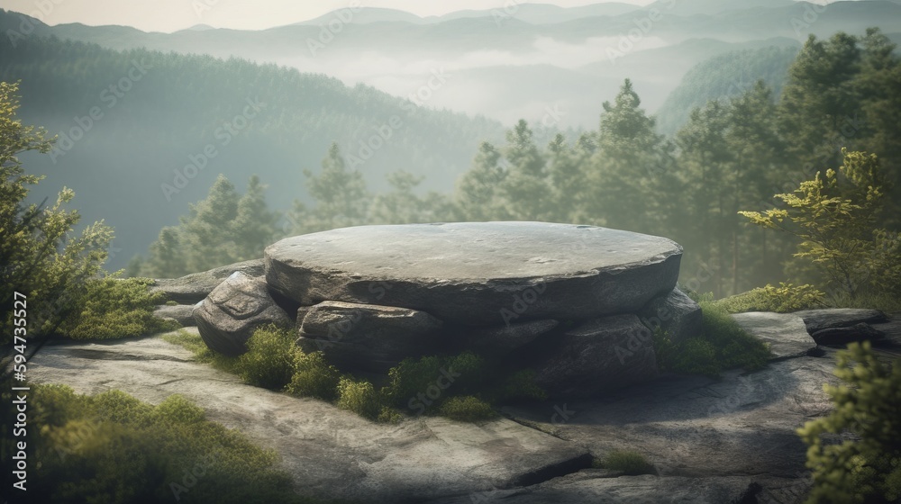 Flat small stone podium on rock platform. Product presentation mockup ...