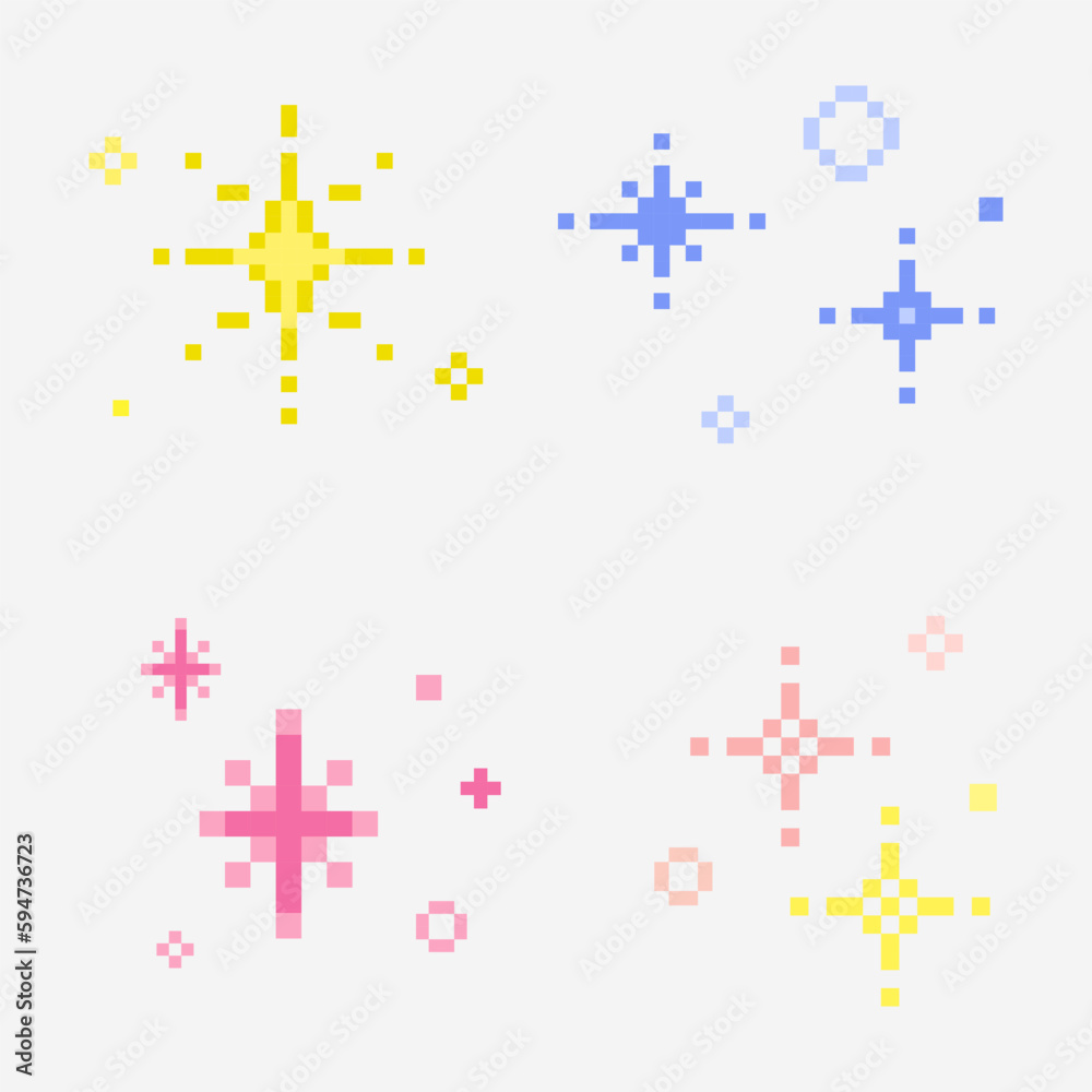 sparkle star pixel, Sparkling pixel set, vector sparkling pixel set, Bright yellow pink purple ...