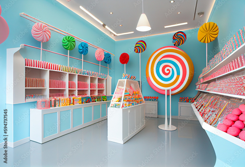 Cartoon interior of lollipop candy store. Generative AI. Stock ...