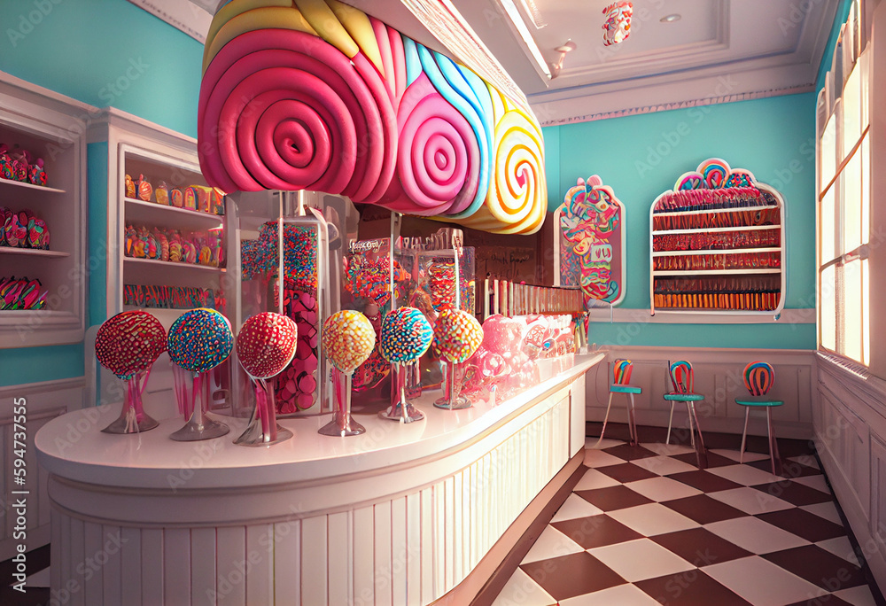 Cartoon interior of lollipop candy store. Generative AI. Stock ...