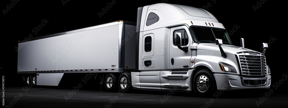 A brand new white freightliner truck with a trailer, parked in a ...