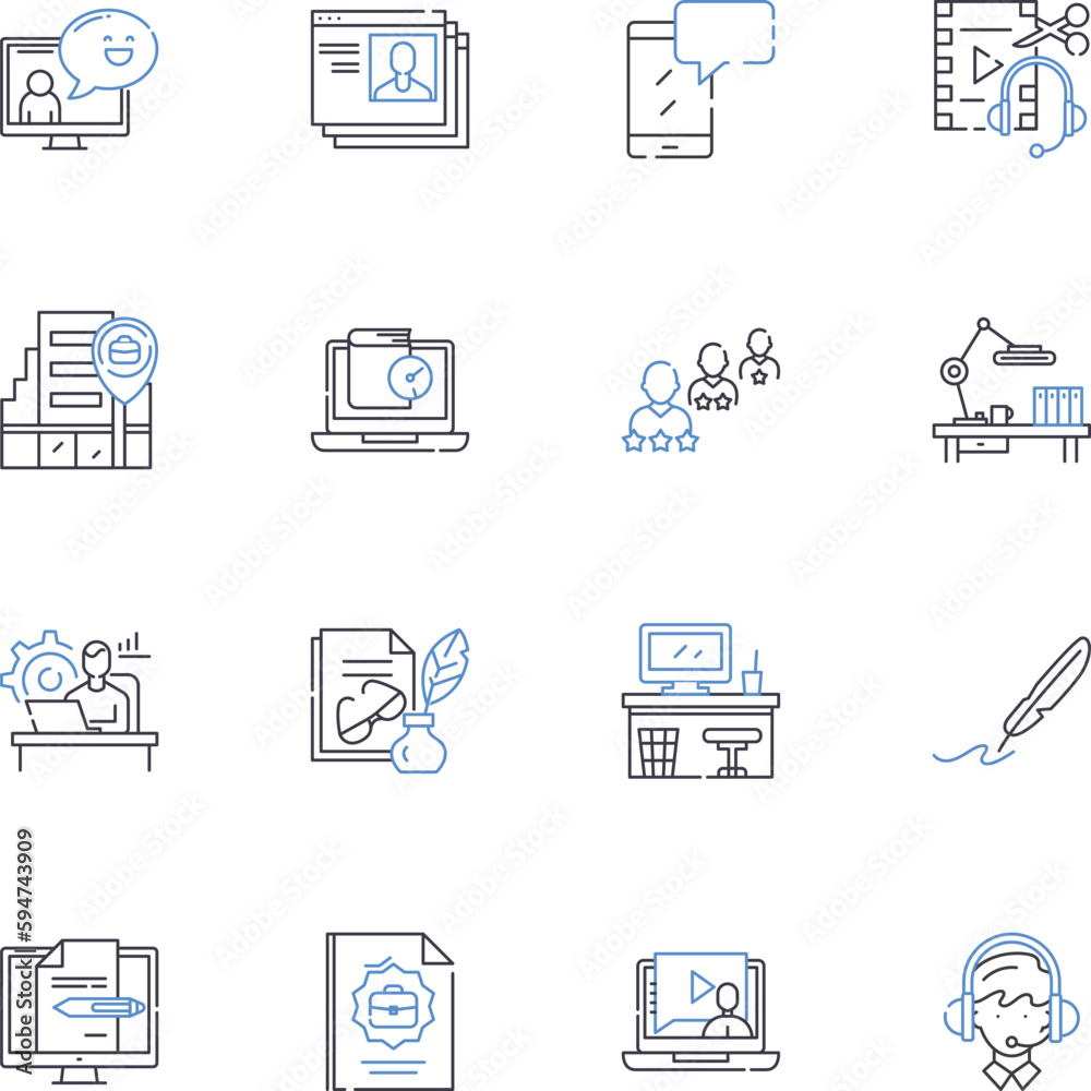 Virtual work line icons collection. Remote, Telecommuting, Digital ...