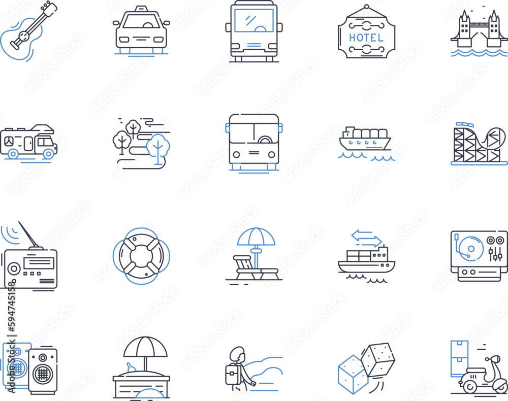 Road trip line icons collection. Adventure, Scenic, Highway, Wanderlust ...