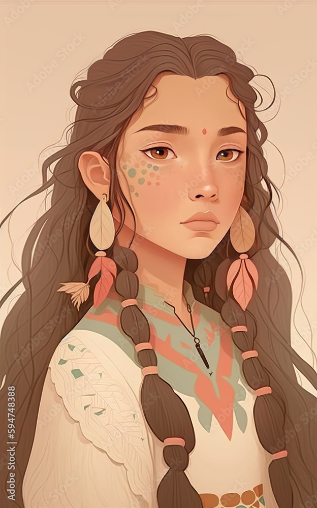 Fictional native American teen girl face, boho vector illustration ...