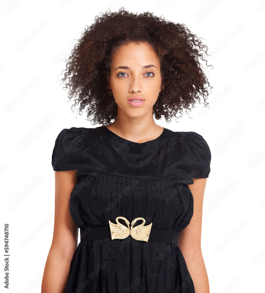 Fashion, portrait and serious woman in black dress on isolated ...