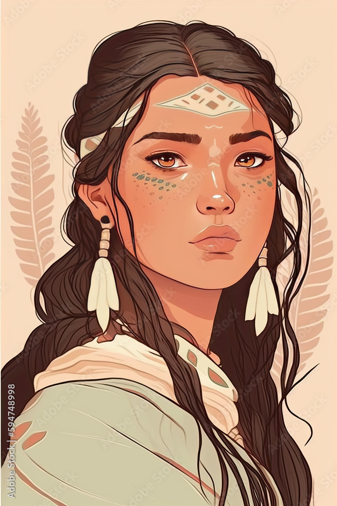 Fictional native American teen girl face, boho vector illustration ...