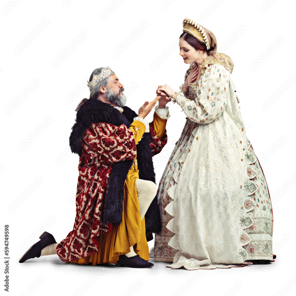 Marriage, king and queen in medieval costume with crown, proposal and ...