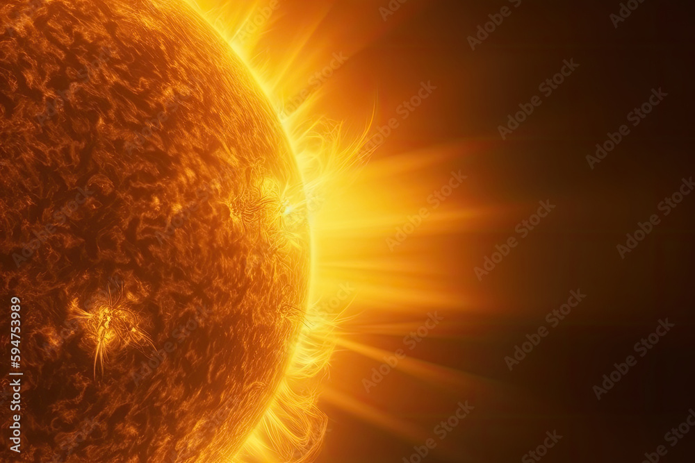Surface of sun with prominences, solar radiation. Solar plasma flames ...