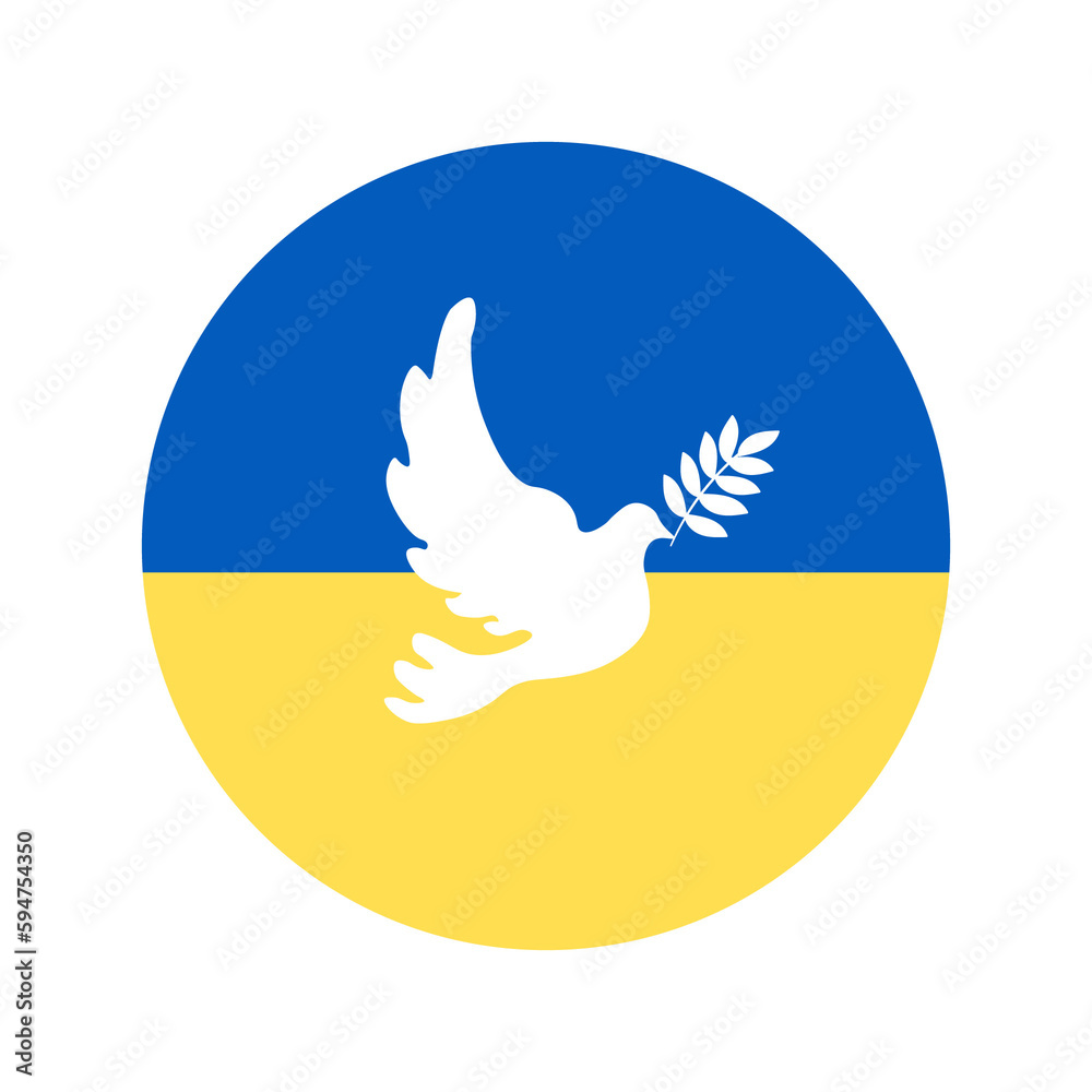 Round blue and yellow badge with dove of peace, isolated on transparent ...