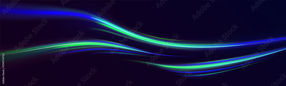 Abstract green blue wave light effect in perspective vector illustration. Abstract neon motion ...