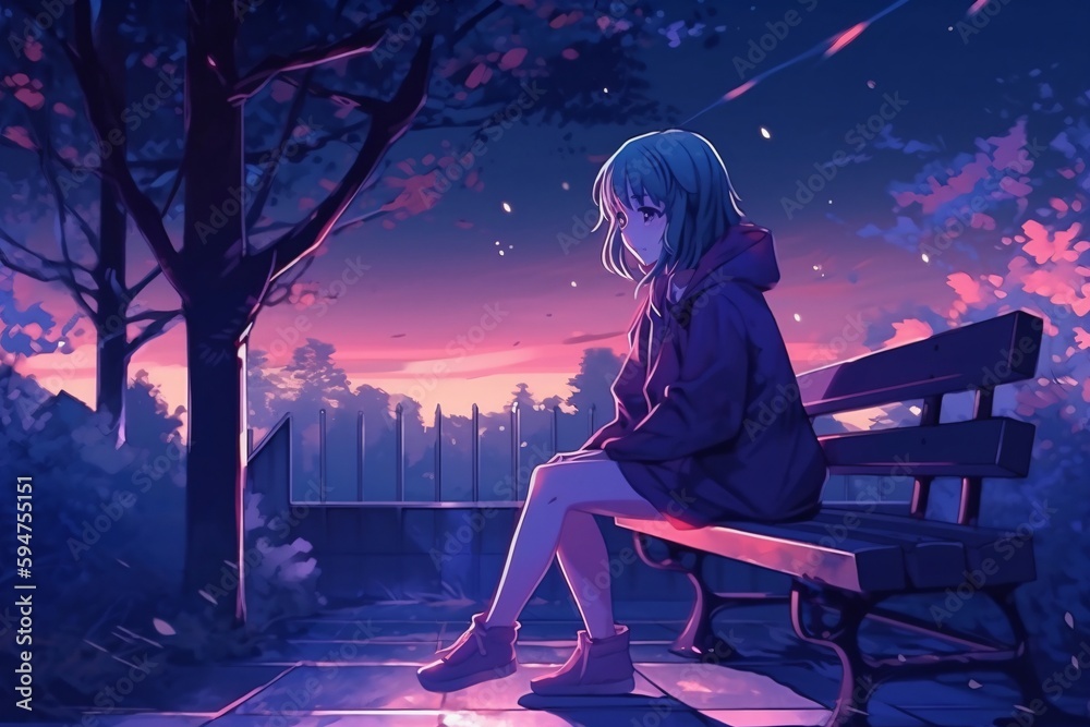 young anime girl sitting on a park bench at night created with ...