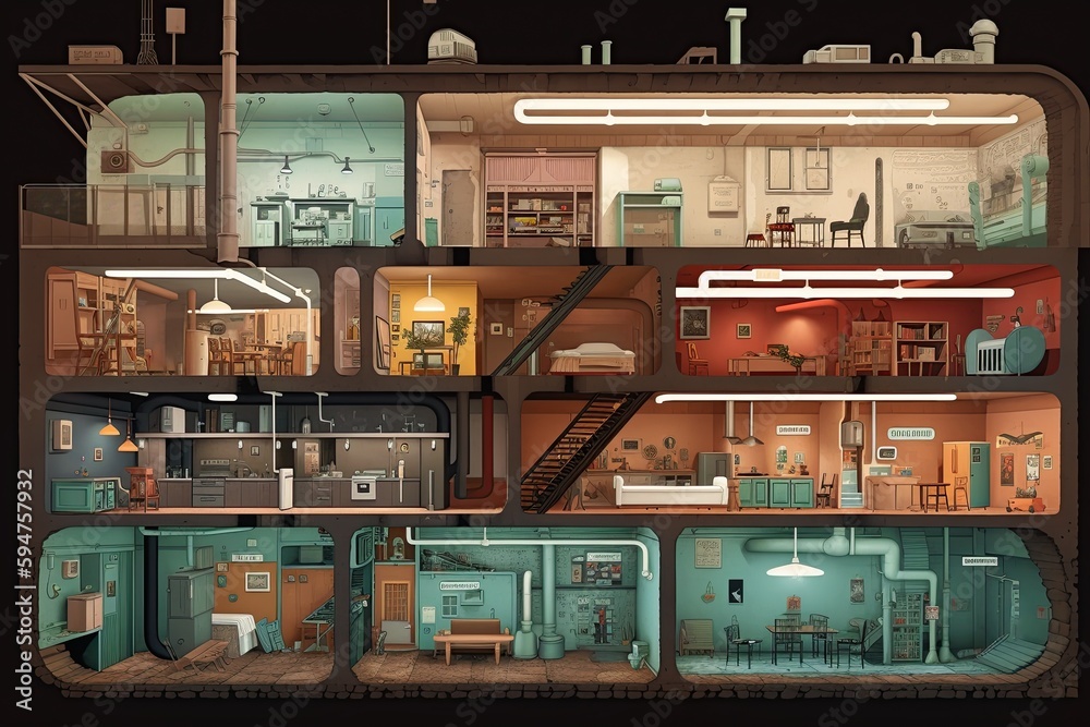 cross-section of fallout shelters: multi-level structure for nuclear ...