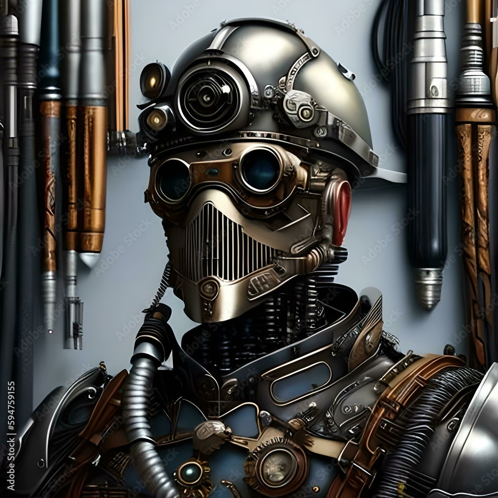 Futuristic and sci-fi human android portrait with pcb metallic skin and ...