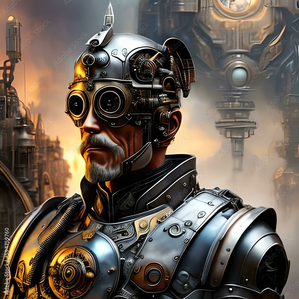 Futuristic and sci-fi human android portrait with pcb metallic skin and ...