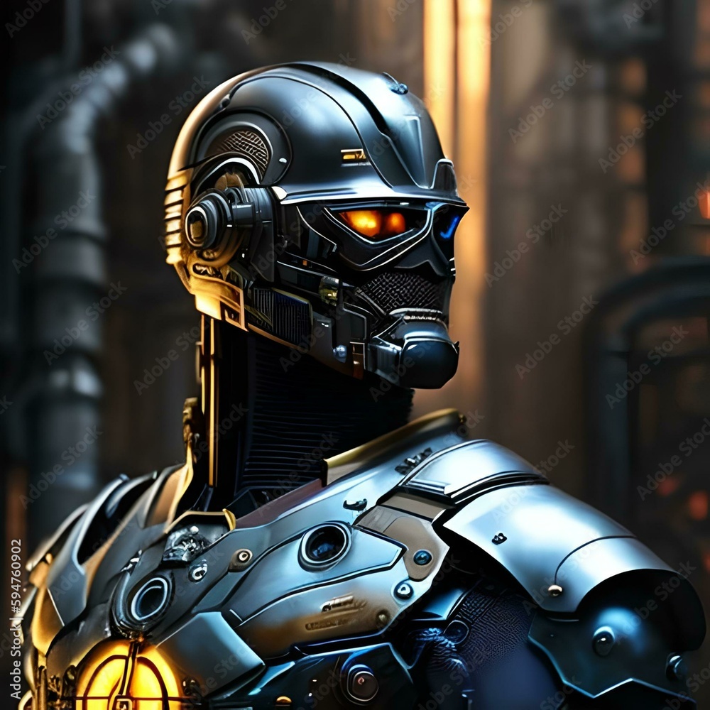 Futuristic and sci-fi human android portrait with pcb metallic skin and ...