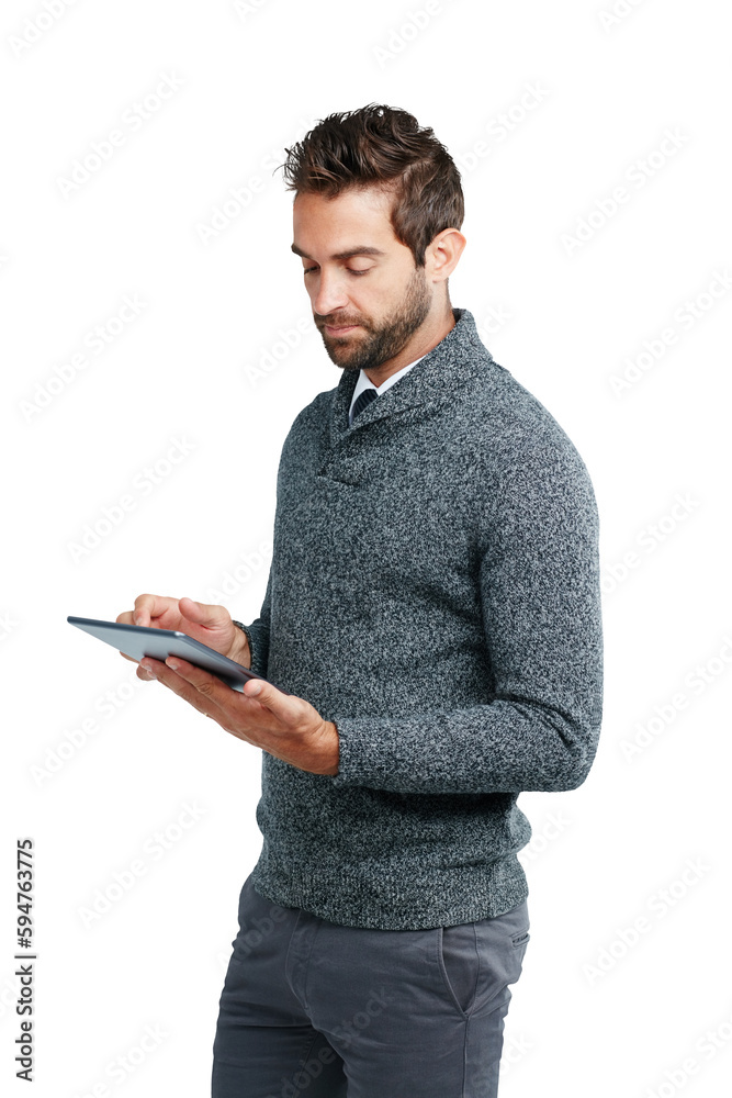 Tablet, search and business man on png background for research, website ...