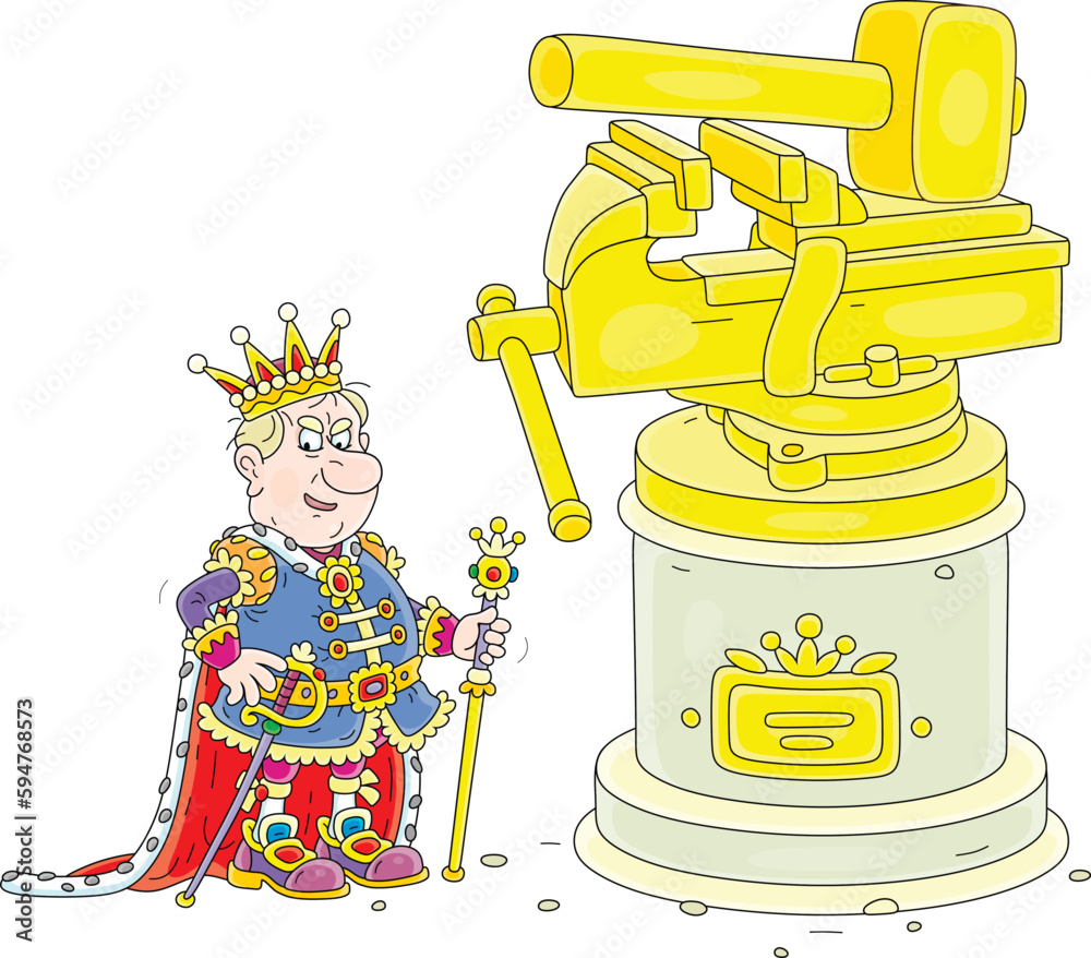 Angry king at a majestic golden monument to a vise and a hammer as ...
