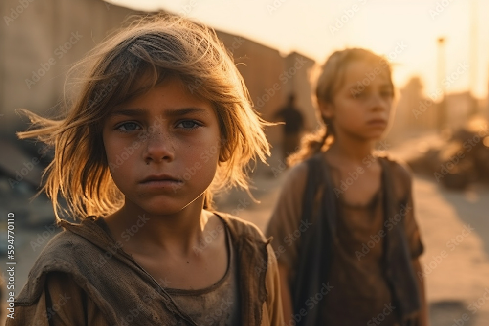 young children in fictional apocalypse or war zone, destroyed buildings ...