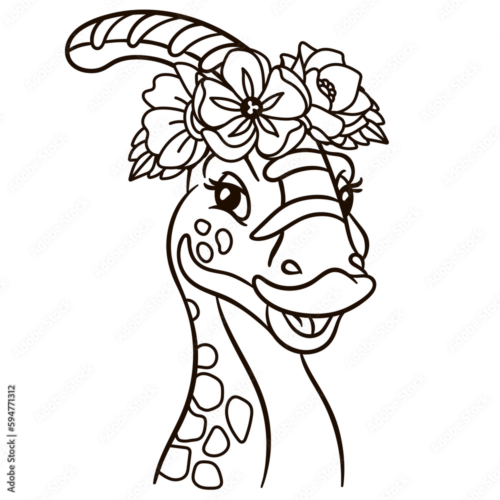 Cartoon hadrosaurus dinosaur in floral crown. Cute baby animal nursery ...