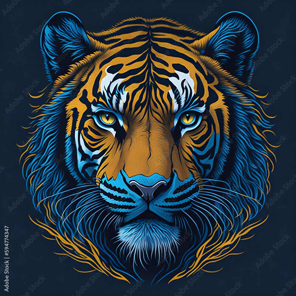 T-shirt design with realistic tiger portrait. Colorful print design of ...
