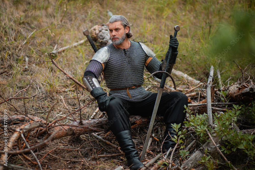 A gray-haired male warrior with a beard and a scar. In armor and with a ...