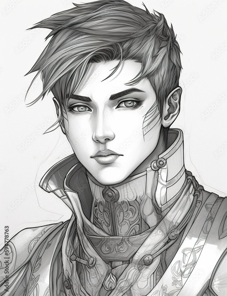 Fantasy character with Asian influences, black white illustration ...