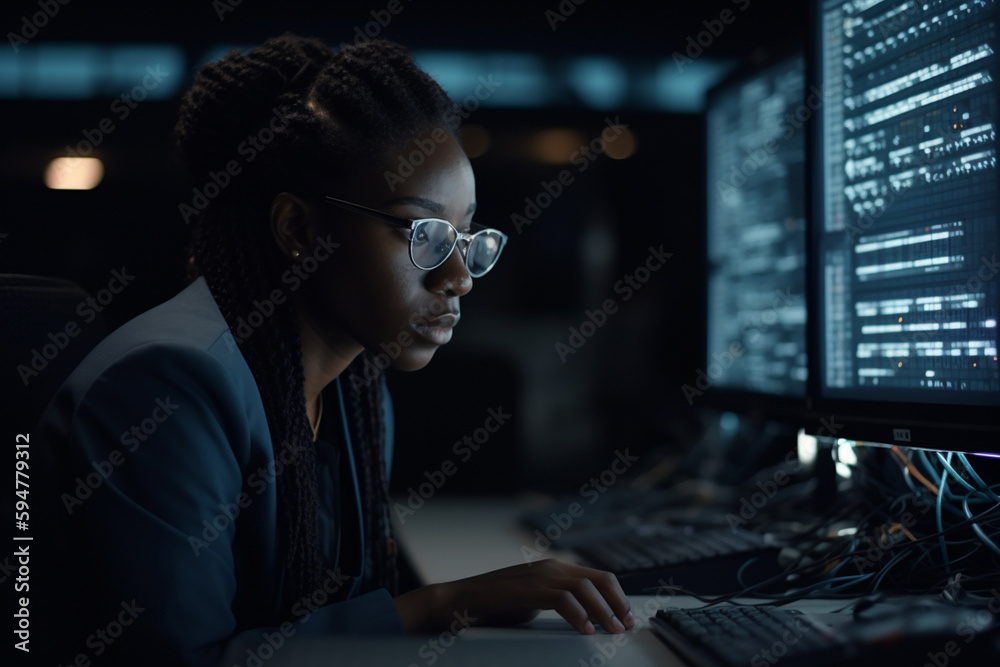 Side view on black woman IT developer working with computer in dark ...