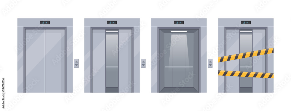 Elevator doors. Vector set of open, half closed and broken metallic ...